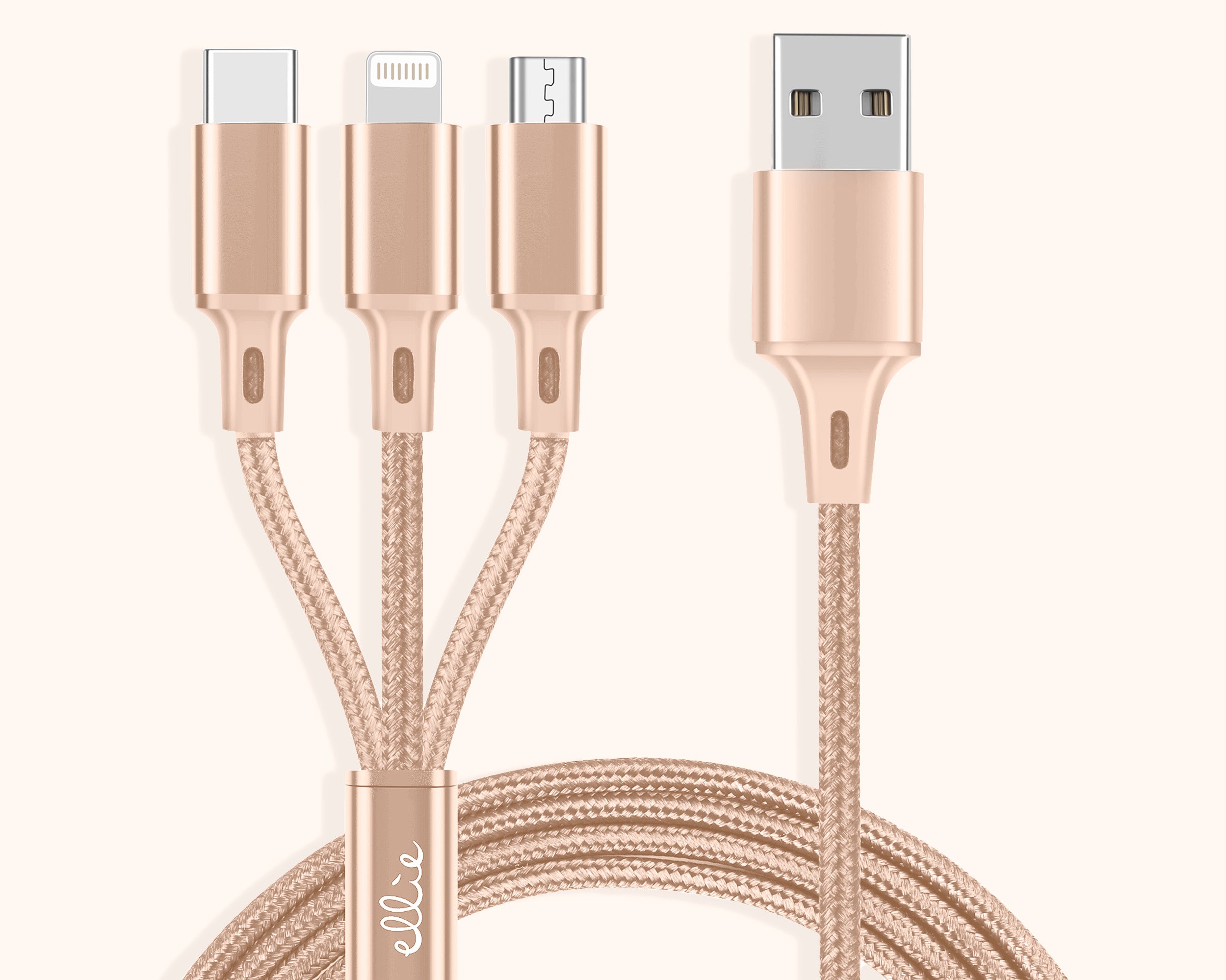 Nylon Braided 3-in-1 USB Cable: Lightning, USB-C, and Micro - Ellie Rose